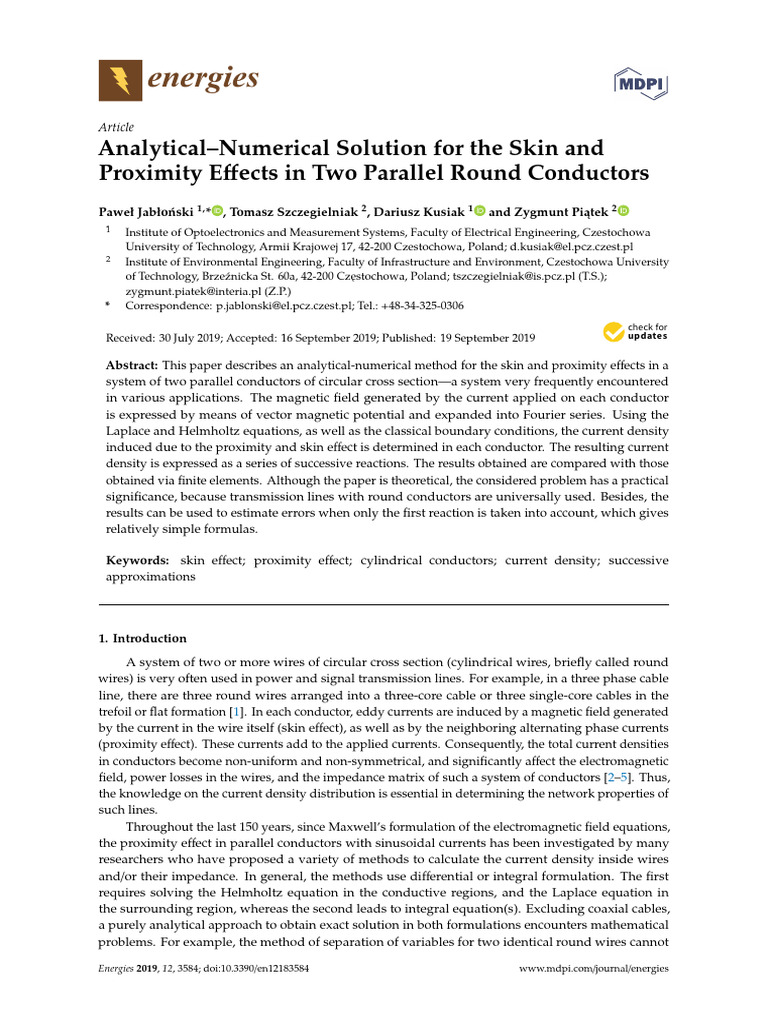 Analytical-Numerical Solution For The Skin and Proximity Effects in Two Parallel Round Cond ...