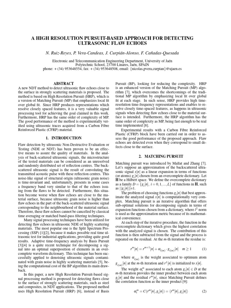 A HIGH RESOLUTION PURSUIT-BASED APPROACH FOR DETECTING Ultrasonic Flaw Echoes | Download Free ...