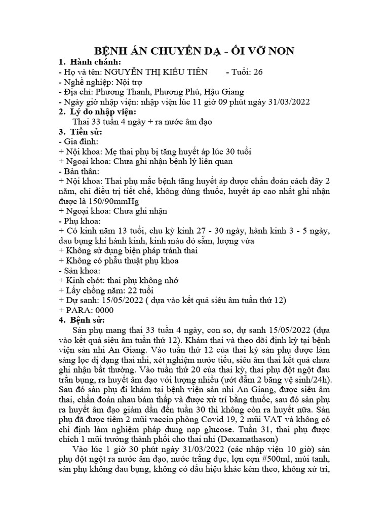 BỆNH ÁN CHUYỂN DẠ - OVN | PDF