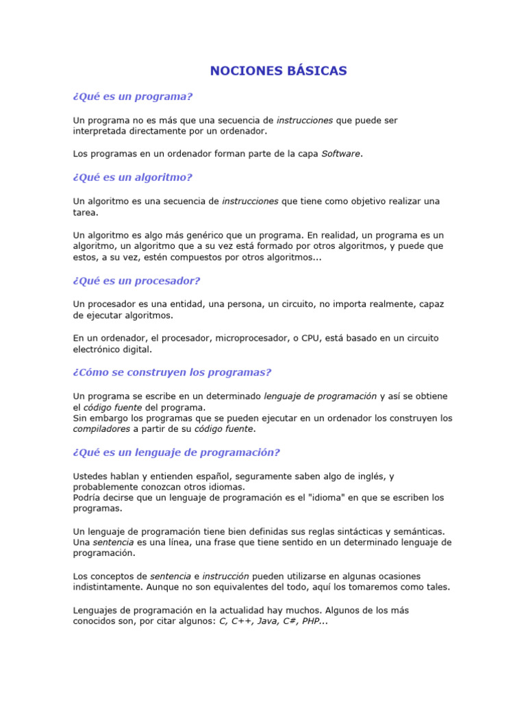 NOCIONES BÁSICAS de Programacion | PDF | Programación de computadoras | Algoritmos