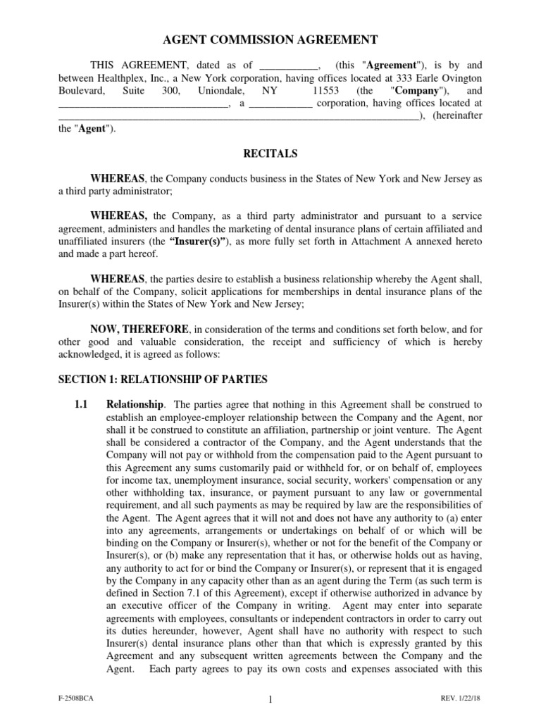 Agent Commission Agreement for Dental Insurance | PDF | Insurance ...