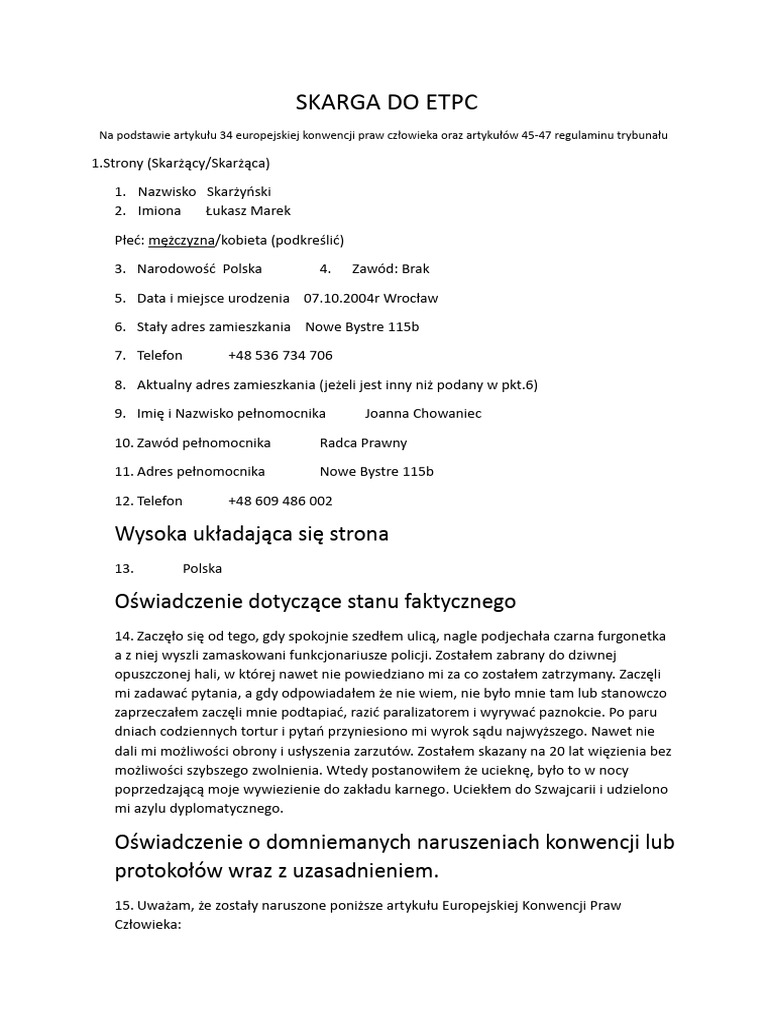 Skarga Do Etpc | PDF