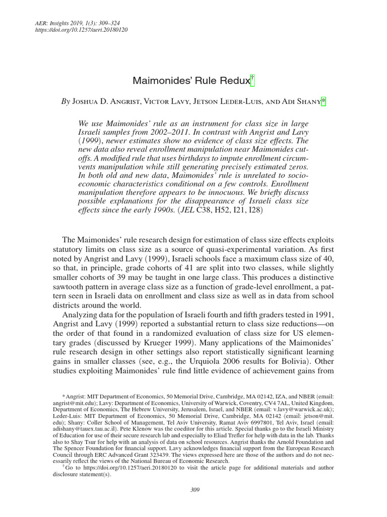 Angrist - Maimonides' Rule Redux | PDF | Ordinary Least Squares ...