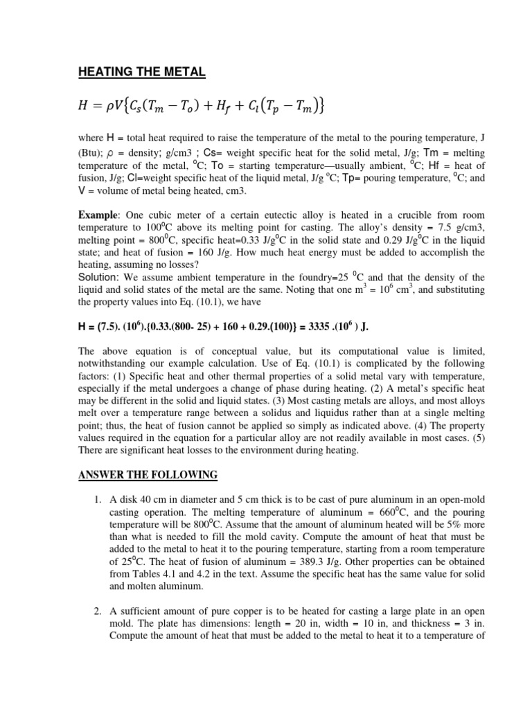 Metal Casting Heat Calculations | PDF | Density | Mechanical Engineering