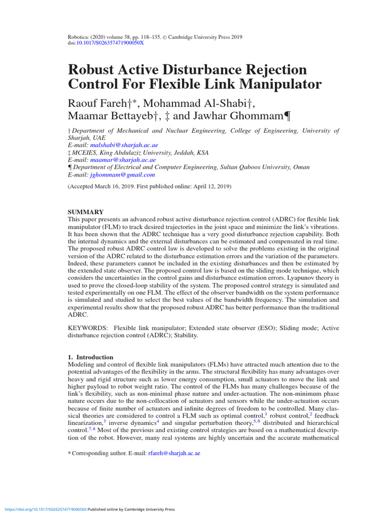 Robust Active Disturbance Rejection Control For Flexible Link Manipulator Download Free Pdf 