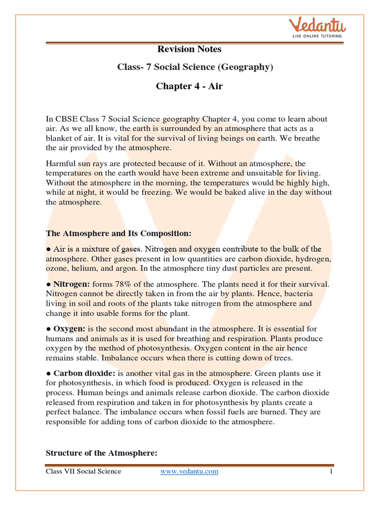 Air Class 7 Notes CBSE Geography Chapter 4 PDF | PDF | Atmosphere Of ...