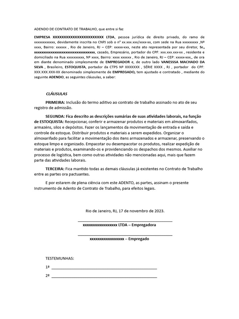 Adendo de Contrato de Trabalho | PDF | Direito Privado | Business