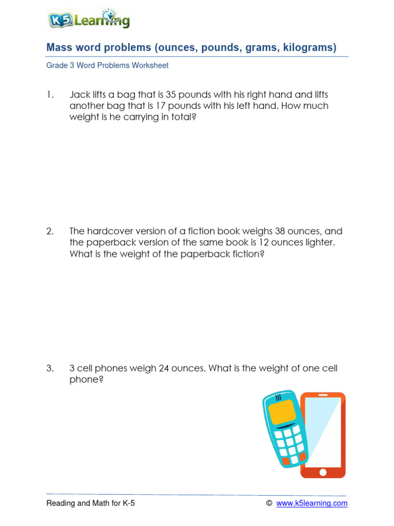 Grade 3 Mass Word Problems Worksheet | PDF