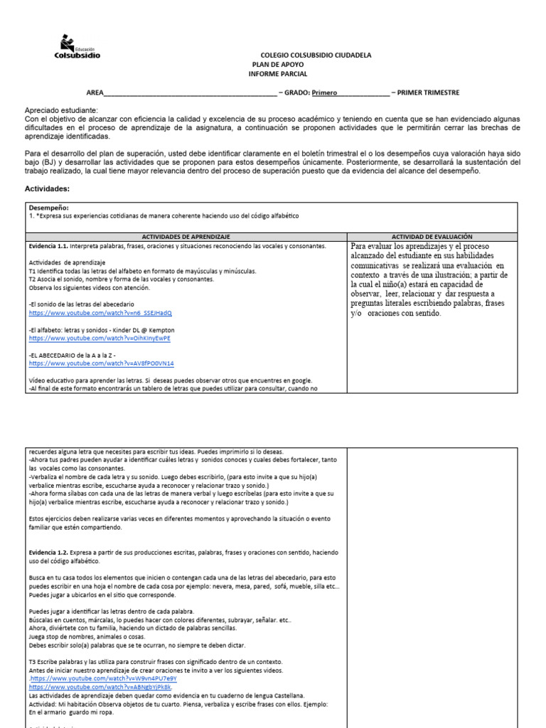Lengua Castellana Plan de Apoyo I Informe Parcial | PDF | Aprendizaje | Alfabeto