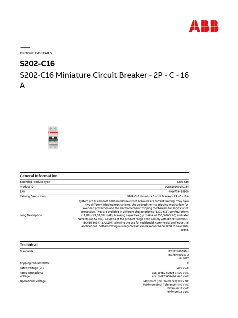 S202-C16 2P 16A Circuit Breaker | PDF | Alternating Current | Metrology
