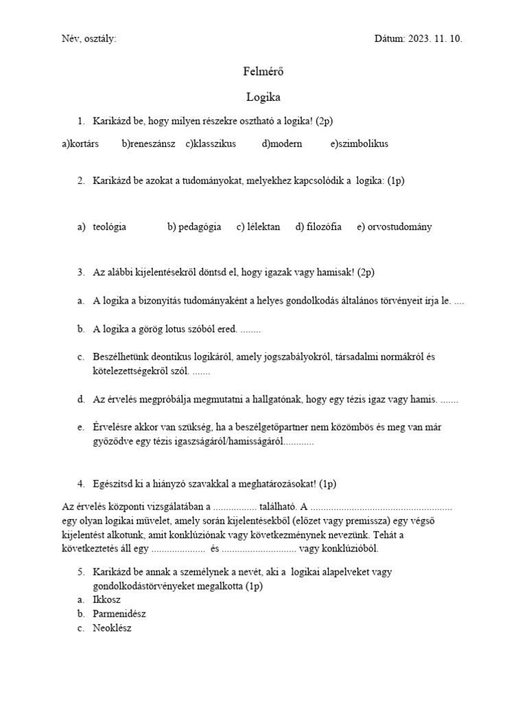 Felmérő Logika Könnyített | PDF