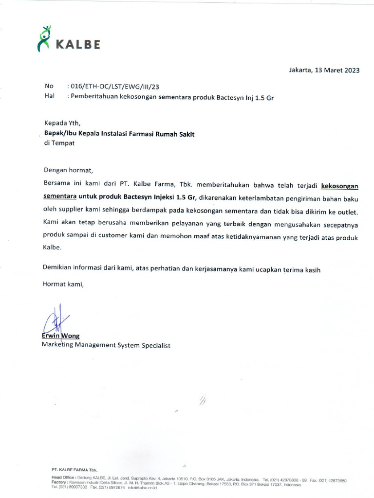 016 - Surat Pemberitahuan Kekosongan Sementara Bactesyn Inj 1.5 GR | PDF