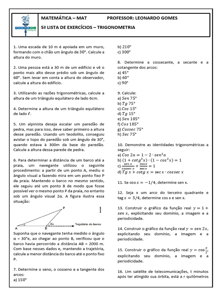 5 Lista de Exercícios MAT - Trigonometria | PDF | Trigonometria