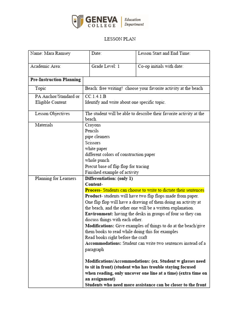 Geneva Lesson Plan Chart Template | PDF | Lesson Plan | Cognitive Science