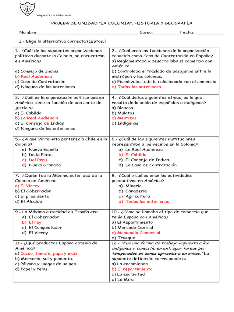 Prueba Historia La Colonia 5 Basico | PDF | Nueva españa | Américas