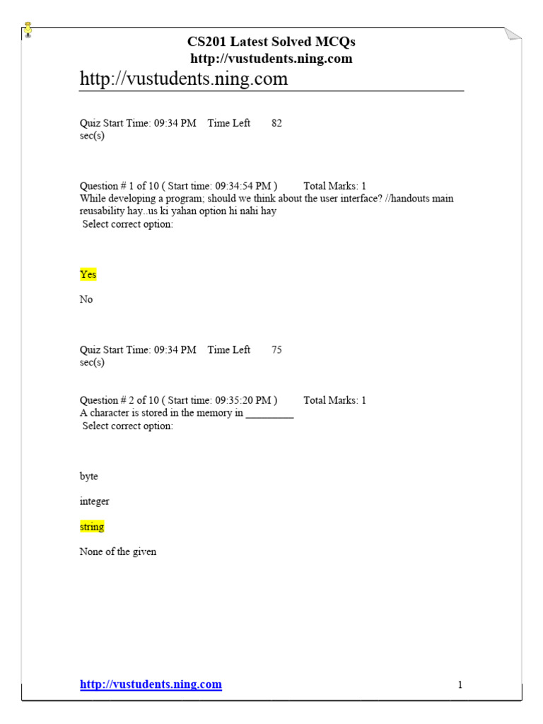 CS201 Objective Mega File-1 PDF | PDF | Pointer (Computer Programming) | Programming