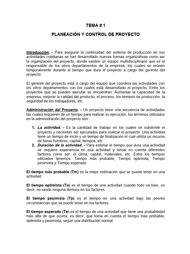 Tema 1 Planeacion y Control de Proyecto | PDF | Ingeniería | Gestión de proyectos