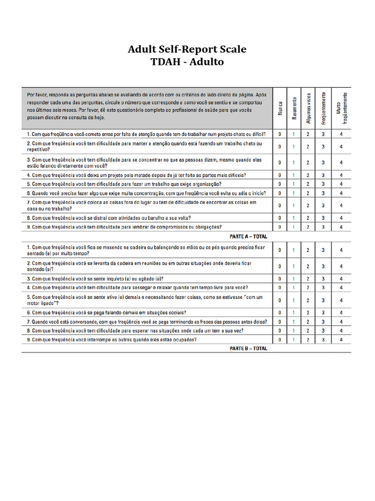 Avalia Sintomas TDAH Adultos - Escala TDAH - Adulto | PDF