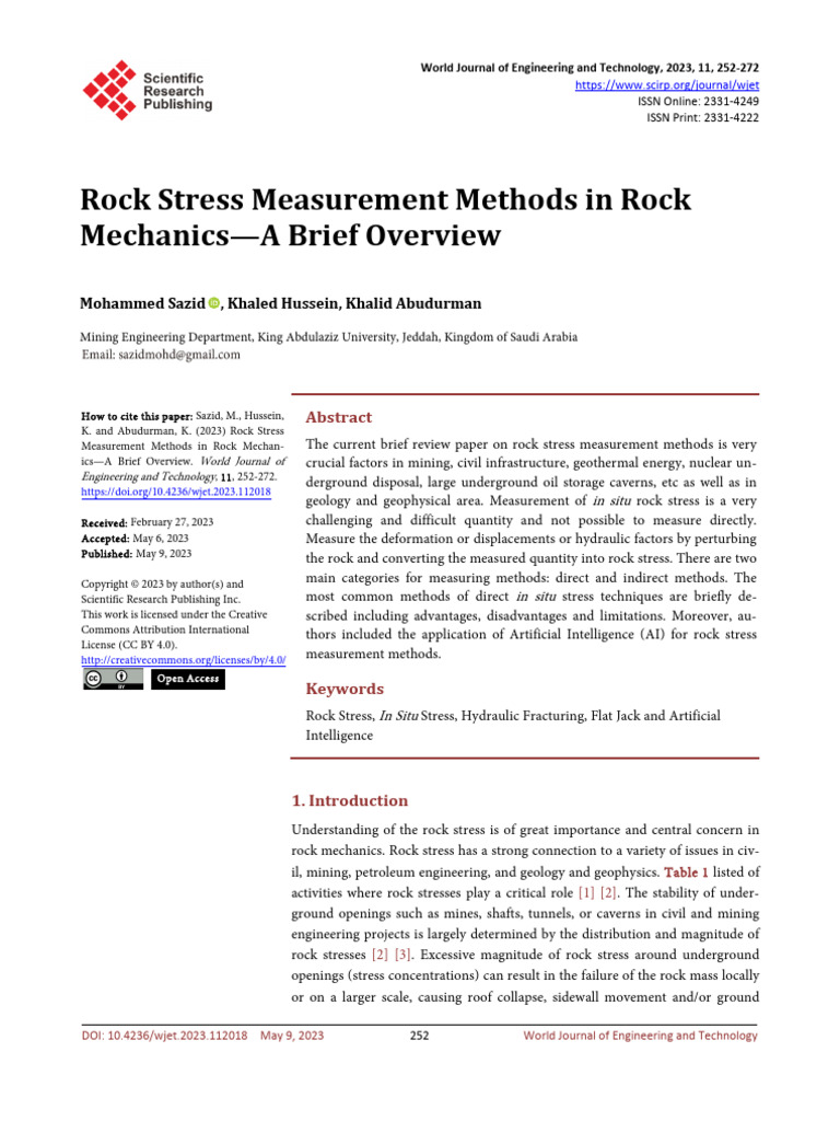 Rock Stress Measurement Methods in Rock Mechanics-A Brief Overview ...