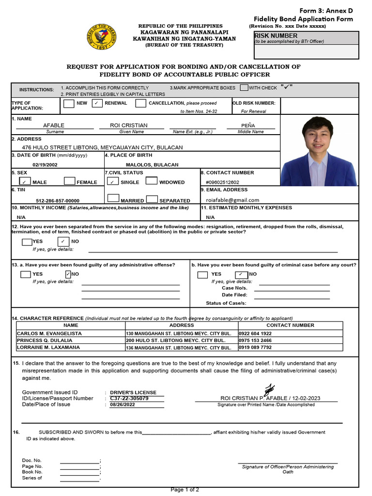 Fidelity-Bond-Application-Form-FBAF - SK Chairperson | PDF | Government