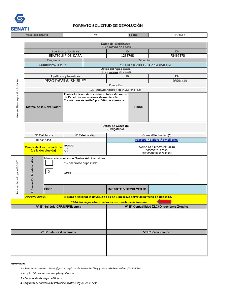Formulario para Trámite de Devolución | PDF