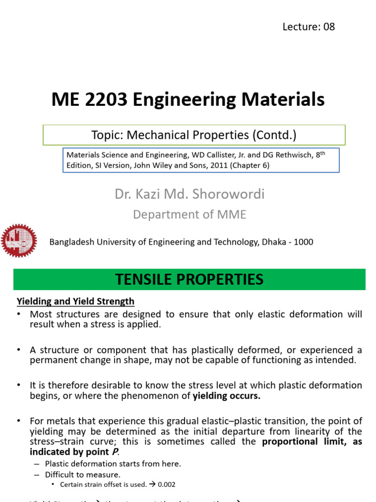 ME 2203 Engineering Materials: Dr. Kazi Md. Shorowordi | PDF | Deformation (Engineering) | Yield ...