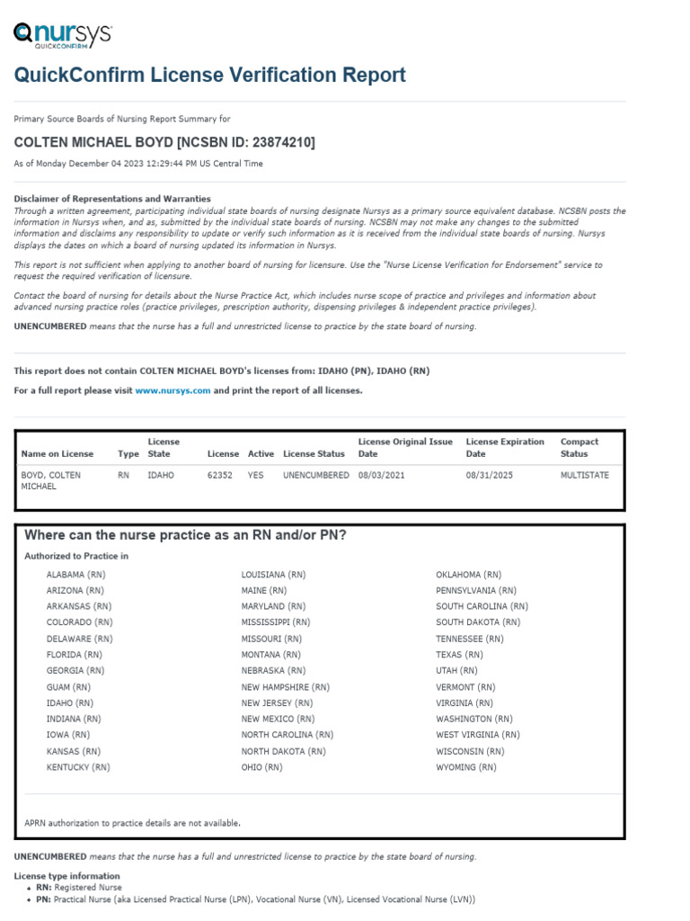 Nursys-Quickconfirm-License-Verification-Report 2023 12 04 | PDF ...
