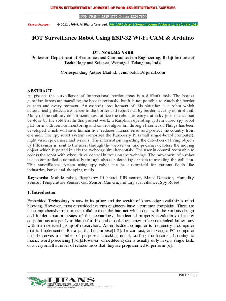 IOT Surveillance Robot Using ESP-32 Wi-Fi CAM & Arduino: Dr. Nookala ...