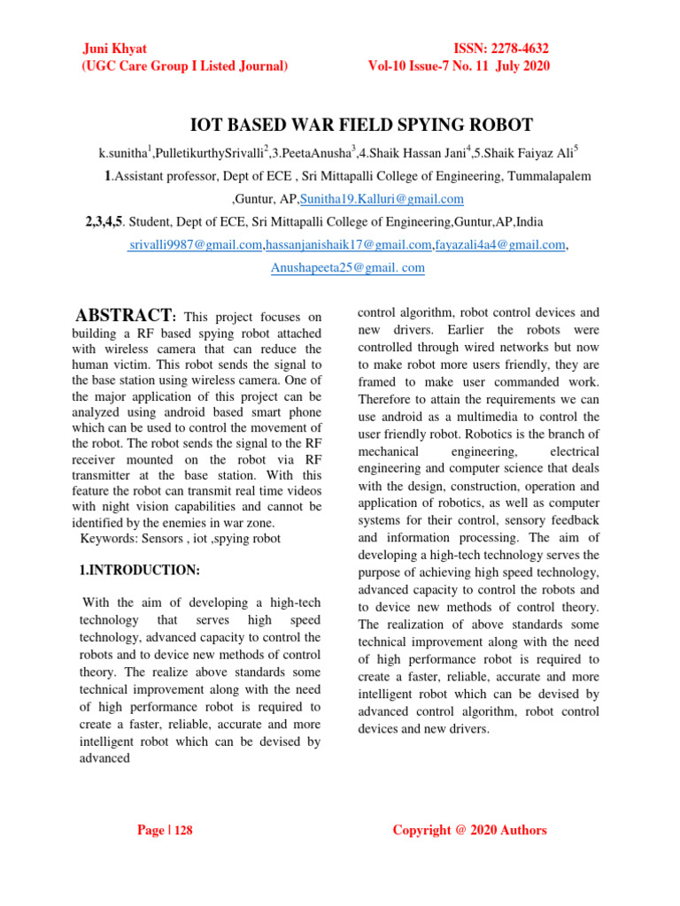 Iot Based War Field Spying Robot | Download Free PDF | Arduino | Liquid ...