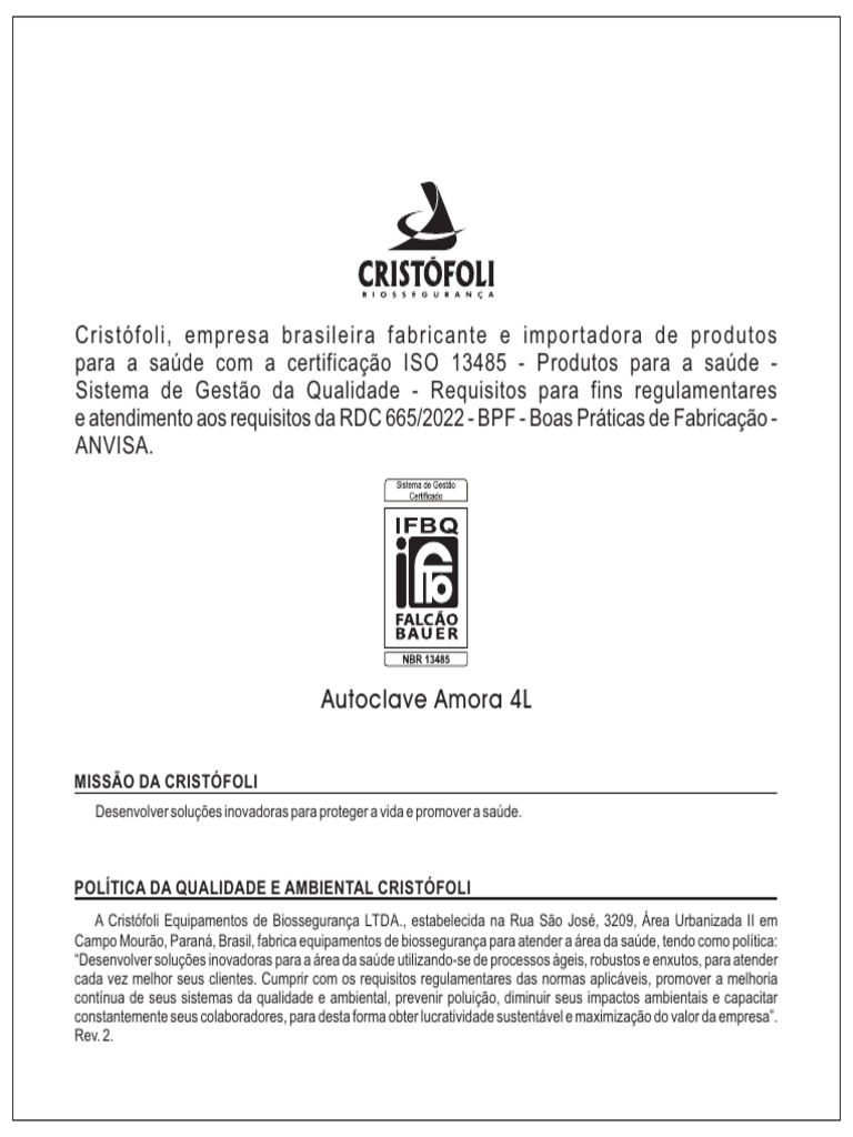 Manual Autoclave Amora 4L AMR Port. Rev. 7 - 2023 - MPR.01823 | PDF