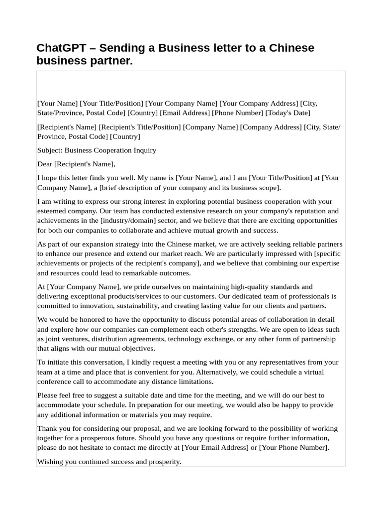 ChatGPT - Sending A Business Letter To A Chinese Business Partner | PDF ...