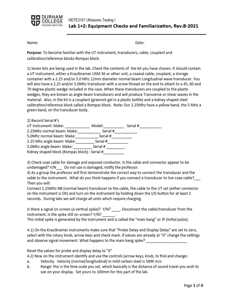 NDTE 3101 Lab1+2 Rev.B Equipment Checks and Setup | PDF | Electronics | Electrical Engineering