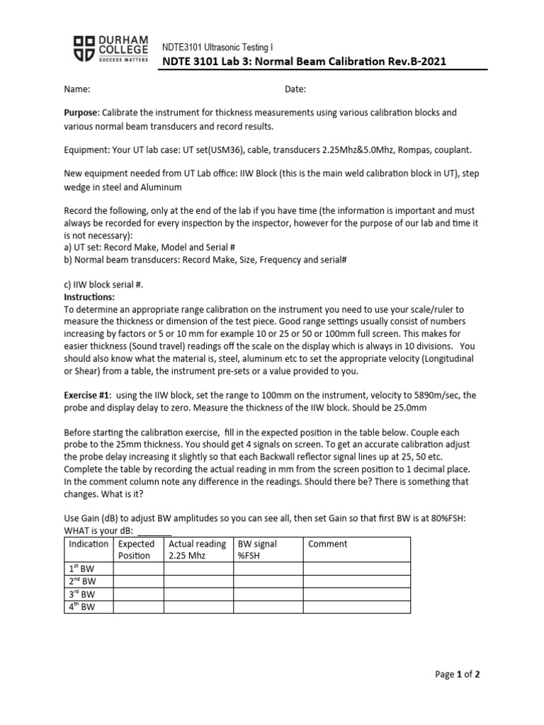 NDTE 3101 Lab3 Rev.B-Normal Beam Calibration | PDF | Calibration | Physical Sciences