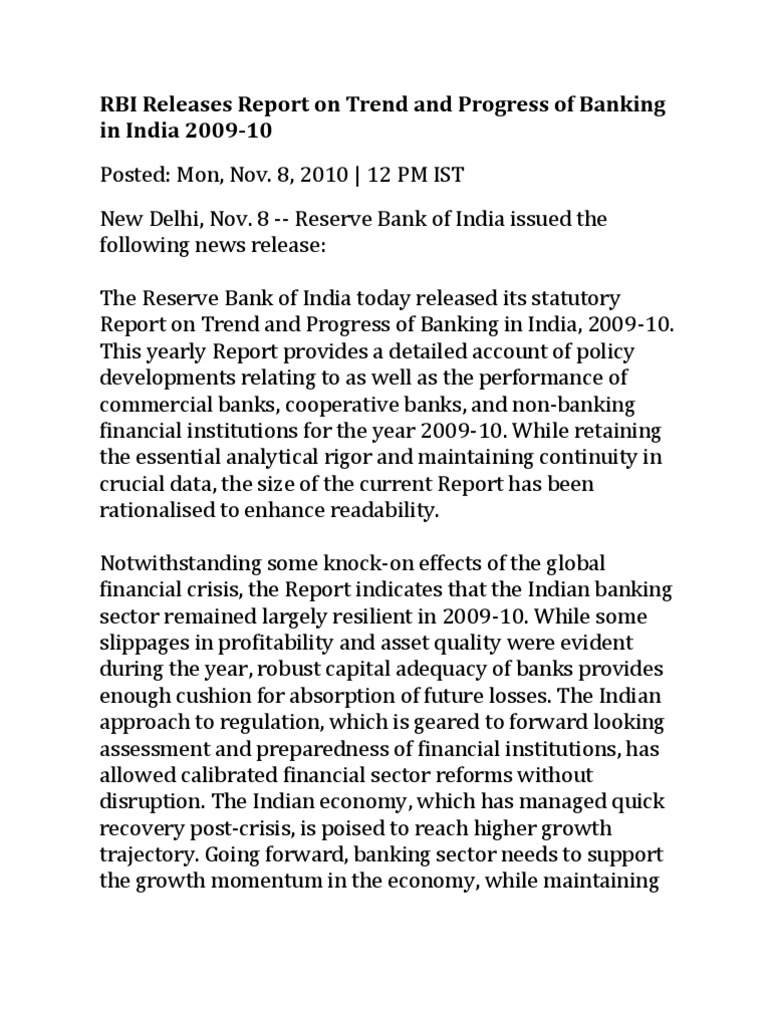 RBI Releases Report On Trend and Progress of Banking in India 2009 ...