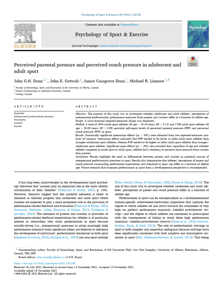 Perceived Parental Pressure and Perceived Coach Pressure in Adolescent ...