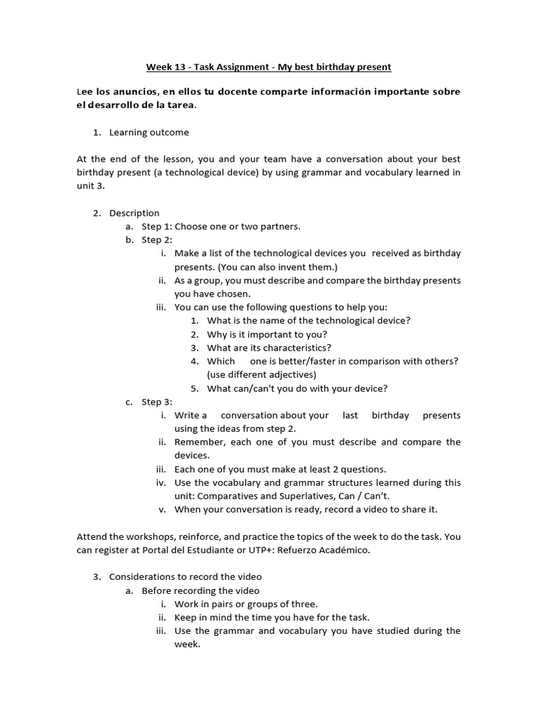 Week 13 - Task Assignment - My Best Birthday Present | PDF | English ...