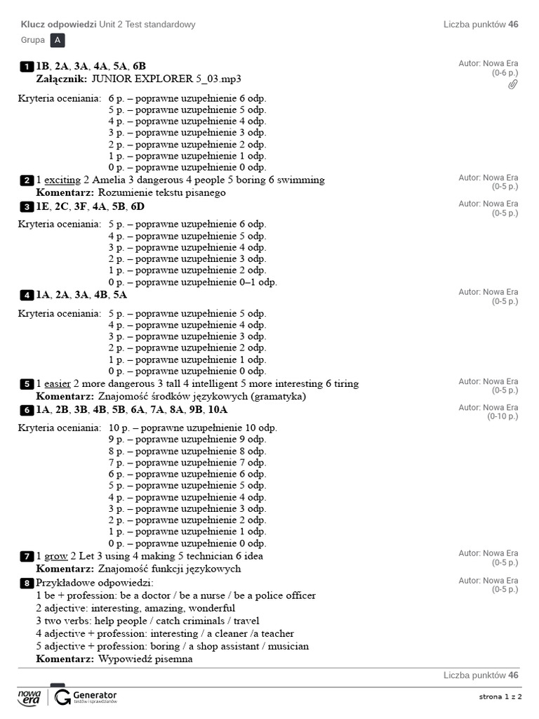 Unit 2 Test Standardowy Klucz Odpowiedzi | PDF