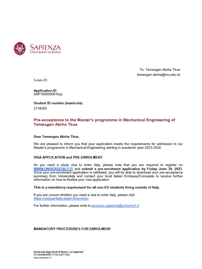 Pre-Acceptance Letter | PDF | Travel Visa