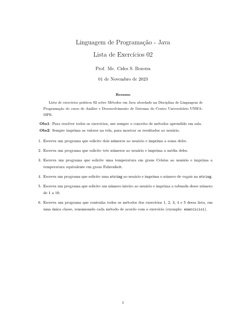 Linguagem Programacao Java Exercicios 2 | PDF