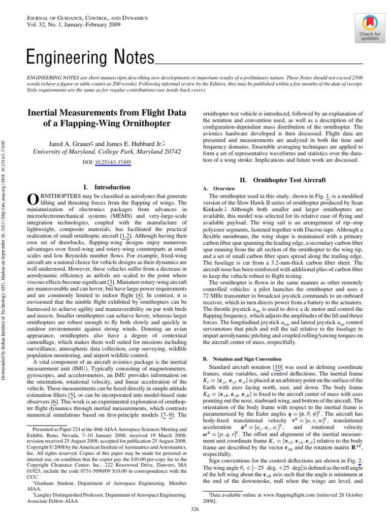 Grauer Hubbard 2012 Inertial Measurements From Flight Data of A Flapping Wing Ornithopter | PDF ...
