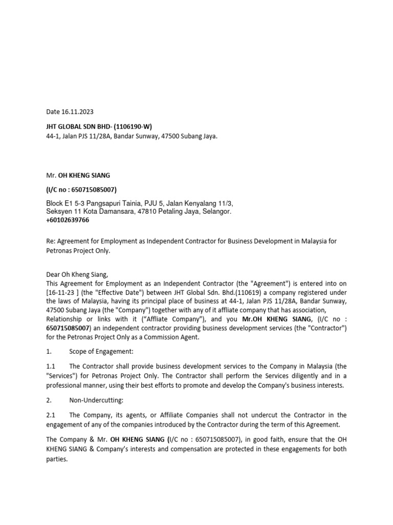 Agreement JHT GLOBAL SDN BHD | PDF | Employment | Labor
