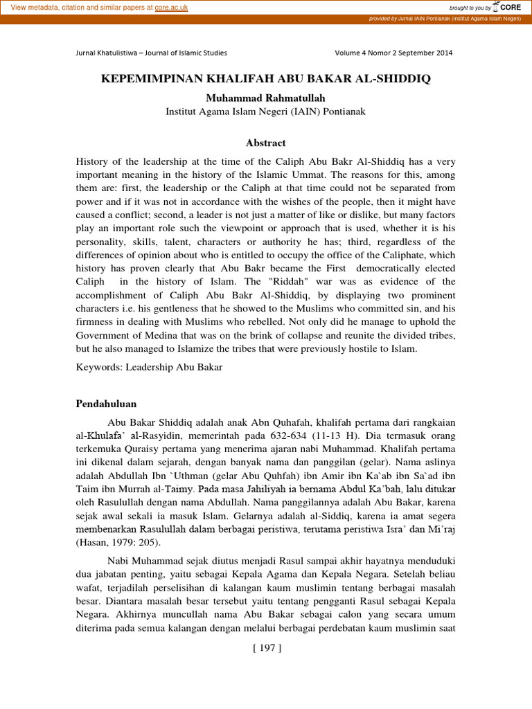 Kepemimpinan Khalifah Abu Bakar Al-Shiddiq: Muhammad Rahmatullah | PDF ...
