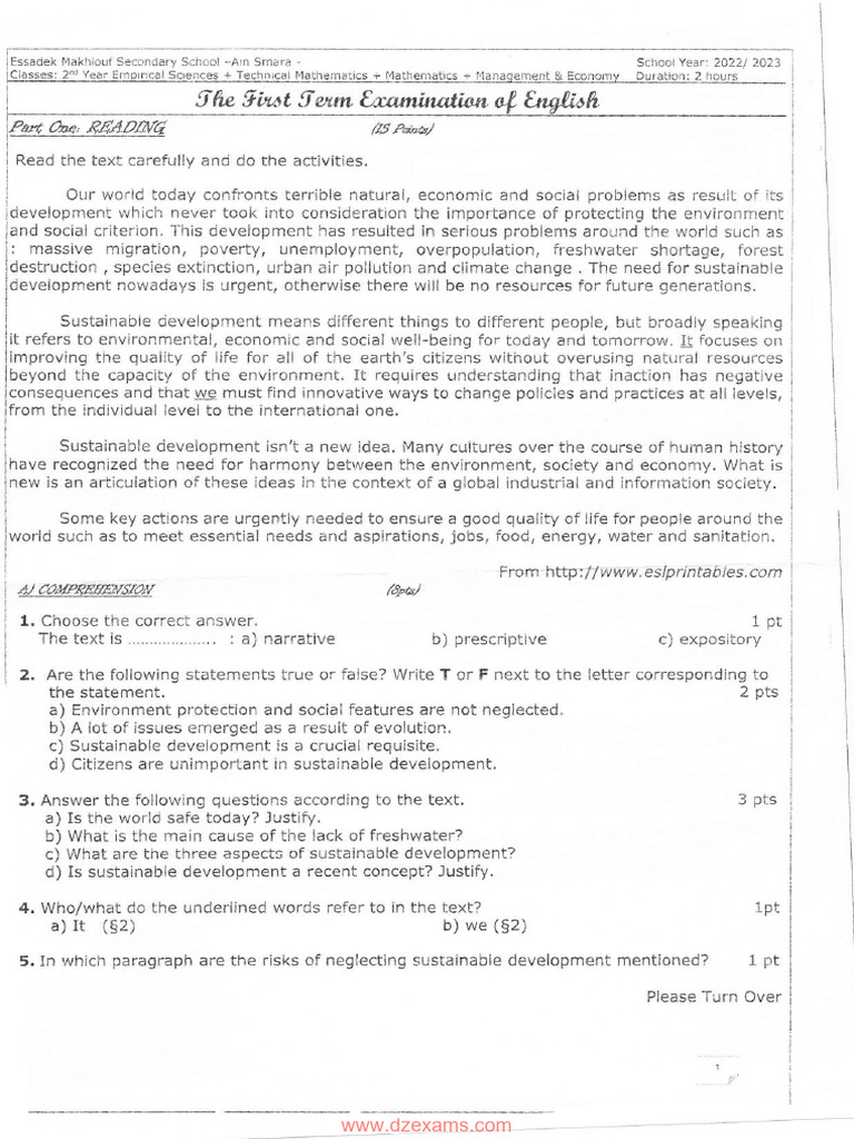 English Past Paper For BEM Test Anglais-2346095 | PDF