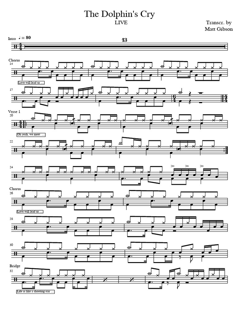Live - The Dolphins Cry Drum Chart | PDF | Songs | Musical Compositions