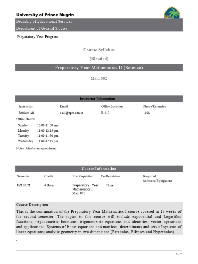 Course Syllabus - Math 002 - Fall 2020-2021-New-Babiker Ali | PDF | Trigonometric Functions ...