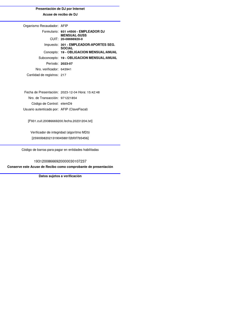 Afip Presentacion Cuit 20086669200 f931 Nrotransaccion 971221854 | PDF