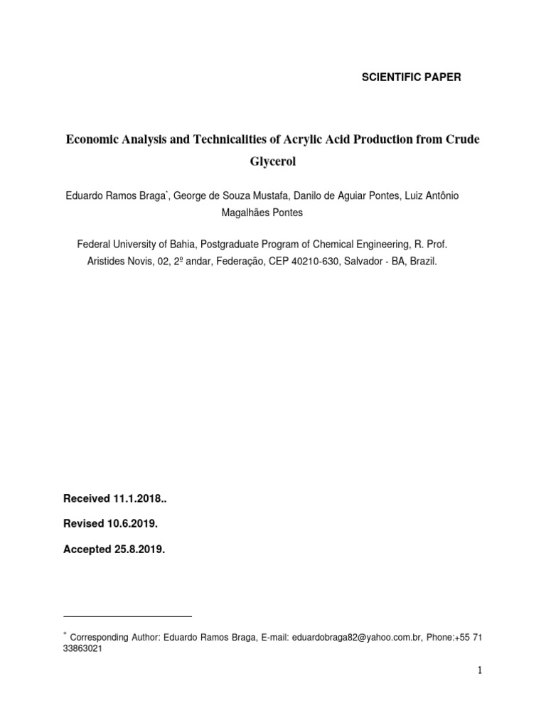 Economic Analysis and Technicalities of Acrylic Acid Production From ...