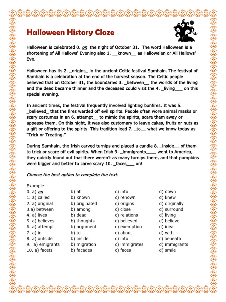 Halloween History Cloze Oneonone Activities Reading Comprehension ...
