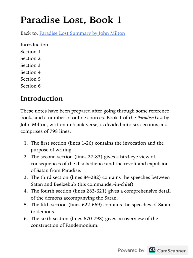 Paradise Lost Book 1 Short Summary Line by Line by John Milton - English Summary | PDF ...
