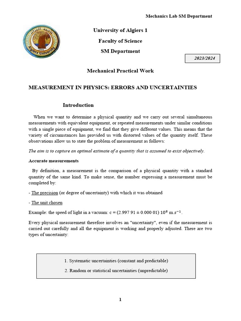 University of Algiers 1 ERRORS AND UNCERTAINTIES | PDF | Observational Error | Uncertainty